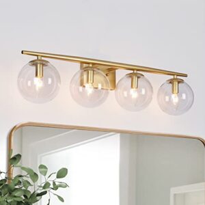 ksana gold bathroom light fixtures, modern bathroom vanity light fixtures over mirror, 4 light bathroom lights with clear globe glass shades and taper arm