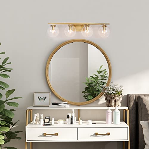 KSANA Gold Bathroom Light Fixtures, Modern Bathroom Vanity Light fixtures Over Mirror, 4 Light Bathroom Lights with Clear Globe Glass Shades and Taper Arm