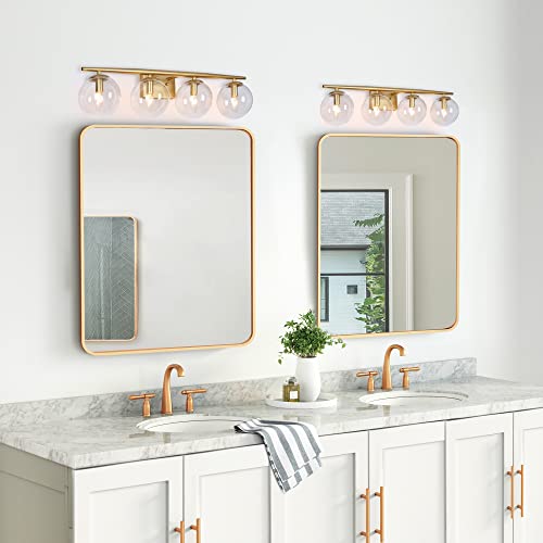 KSANA Gold Bathroom Light Fixtures, Modern Bathroom Vanity Light fixtures Over Mirror, 4 Light Bathroom Lights with Clear Globe Glass Shades and Taper Arm