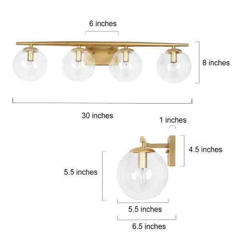 KSANA Gold Bathroom Light Fixtures, Modern Bathroom Vanity Light fixtures Over Mirror, 4 Light Bathroom Lights with Clear Globe Glass Shades and Taper Arm