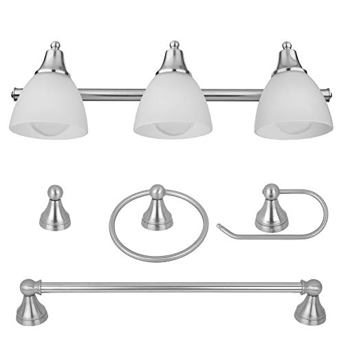 Globe Electric 50700 5-Piece Bathroom Accessory Set, with Vanity, Brushed Steel, 3-Light Vanity Light, Frosted Glass, Towel Bar, Toilet Paper Holder, Towel Ring, Robe Hook, Home Improvement