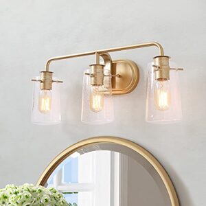 ksana gold vanity lights, 3-light modern bathroom light fixture with seeded glass shade