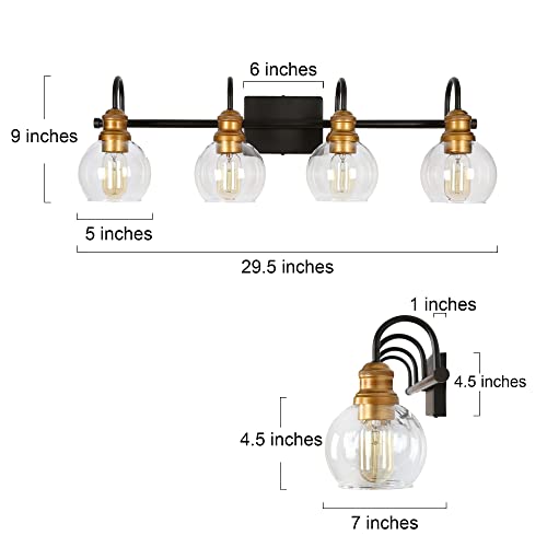 Bathroom Vanity Light, 4-Light Black Bathroom Light Fixtures with Oil Rubbed Bronze Finish, Modern Farmhouse Vanity Lights with Clear Globe Glass Shade (L 29.5" x W 7" x H 9")