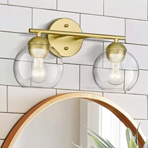 Emak 2-Light Gold Bathroom Light Fixtures Over Mirror, Globe Bathroom Vanity Light with Clear Glass Shades and Gold Finish, VL114-GD-2