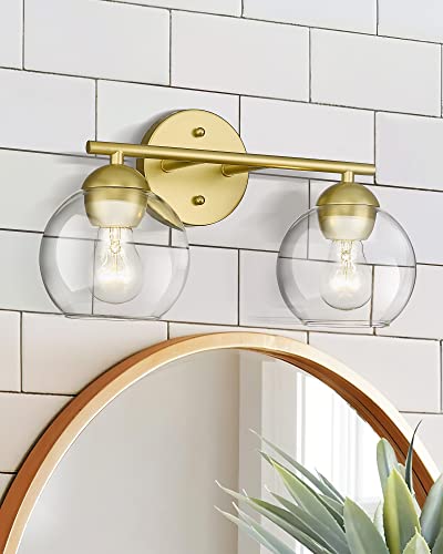 Emak 2-Light Gold Bathroom Light Fixtures Over Mirror, Globe Bathroom Vanity Light with Clear Glass Shades and Gold Finish, VL114-GD-2