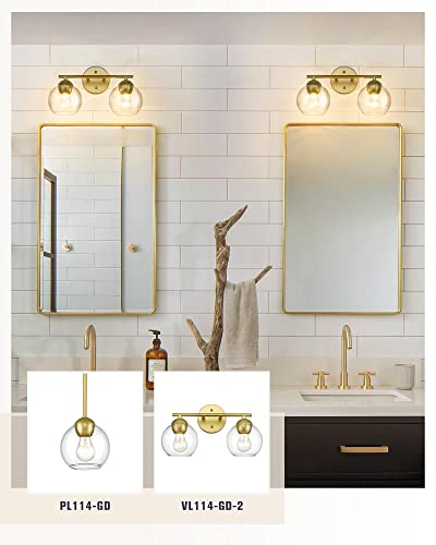 Emak 2-Light Gold Bathroom Light Fixtures Over Mirror, Globe Bathroom Vanity Light with Clear Glass Shades and Gold Finish, VL114-GD-2