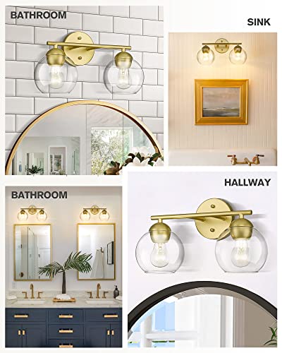 Emak 2-Light Gold Bathroom Light Fixtures Over Mirror, Globe Bathroom Vanity Light with Clear Glass Shades and Gold Finish, VL114-GD-2