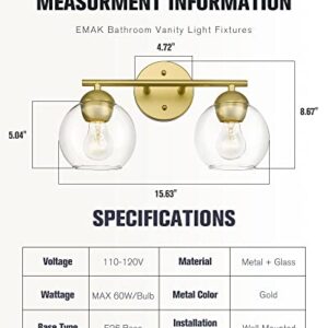 Emak 2-Light Gold Bathroom Light Fixtures Over Mirror, Globe Bathroom Vanity Light with Clear Glass Shades and Gold Finish, VL114-GD-2