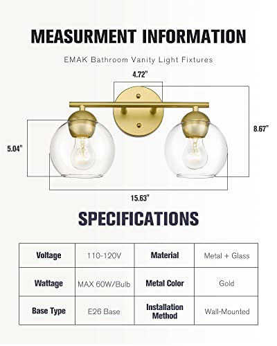 Emak 2-Light Gold Bathroom Light Fixtures Over Mirror, Globe Bathroom Vanity Light with Clear Glass Shades and Gold Finish, VL114-GD-2