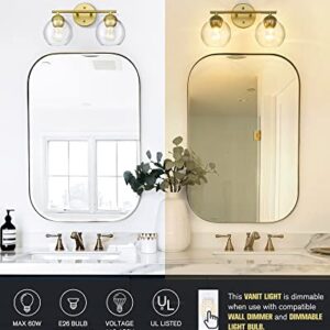 Emak 2-Light Gold Bathroom Light Fixtures Over Mirror, Globe Bathroom Vanity Light with Clear Glass Shades and Gold Finish, VL114-GD-2