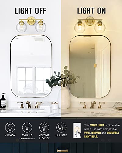 Emak 2-Light Gold Bathroom Light Fixtures Over Mirror, Globe Bathroom Vanity Light with Clear Glass Shades and Gold Finish, VL114-GD-2