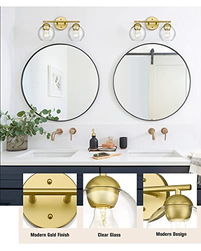 Emak 2-Light Gold Bathroom Light Fixtures Over Mirror, Globe Bathroom Vanity Light with Clear Glass Shades and Gold Finish, VL114-GD-2