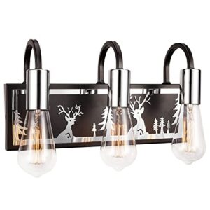 darkaway wall sconces farmhouse bathroom light fixtures, black and chrome 3-light fixture with rustic deer pattern decoration for hallway bedroom porch living room dining room patio courtyard hotel