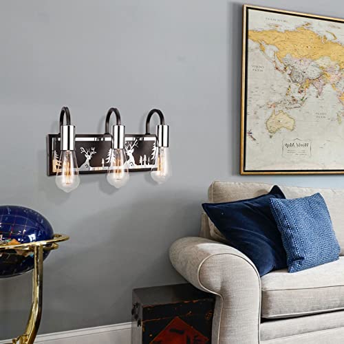 Darkaway Wall Sconces Farmhouse Bathroom Light Fixtures, Black and Chrome 3-Light Fixture with Rustic Deer Pattern Decoration for Hallway Bedroom Porch Living Room Dining Room Patio Courtyard Hotel