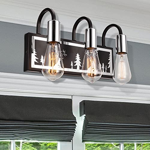 Darkaway Wall Sconces Farmhouse Bathroom Light Fixtures, Black and Chrome 3-Light Fixture with Rustic Deer Pattern Decoration for Hallway Bedroom Porch Living Room Dining Room Patio Courtyard Hotel