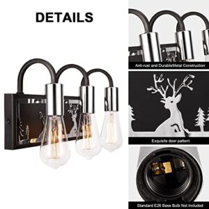 Darkaway Wall Sconces Farmhouse Bathroom Light Fixtures, Black and Chrome 3-Light Fixture with Rustic Deer Pattern Decoration for Hallway Bedroom Porch Living Room Dining Room Patio Courtyard Hotel