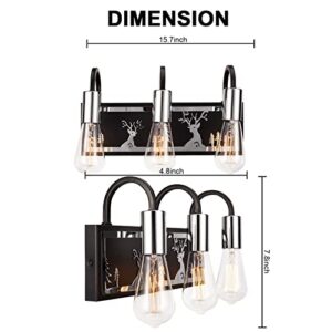 Darkaway Wall Sconces Farmhouse Bathroom Light Fixtures, Black and Chrome 3-Light Fixture with Rustic Deer Pattern Decoration for Hallway Bedroom Porch Living Room Dining Room Patio Courtyard Hotel