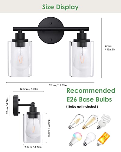 Bathroom Vanity Light,2 Light Black Bathroom Light Fixtures,Vanity Lights for Bathroom,Modern Wall Sconces with Clear Glass Shade,Bathroom Lamp,for Bathroom Vanity Bedroom Farmhouse Living Room