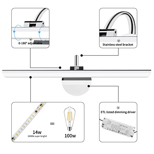 OKELI Dimmable Bathroom Light Fixtures LED Modern 23.6IN 14W Bathroom Vanity Light Chrome Stainless Steel 180°Rotatable Vanity Light Bar for Bathroom 6000K Cool White ETL Listed