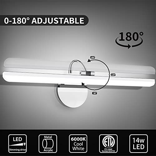 OKELI Dimmable Bathroom Light Fixtures LED Modern 23.6IN 14W Bathroom Vanity Light Chrome Stainless Steel 180°Rotatable Vanity Light Bar for Bathroom 6000K Cool White ETL Listed