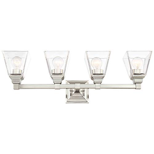 Regency Hill Mencino Mid Century Modern Wall Light Satin Nickel Silver Metal Hardwired 28" Wide 4-Light Fixture Clear Glass Cone Shade for Bathroom Vanity Mirror House Home Room Decor