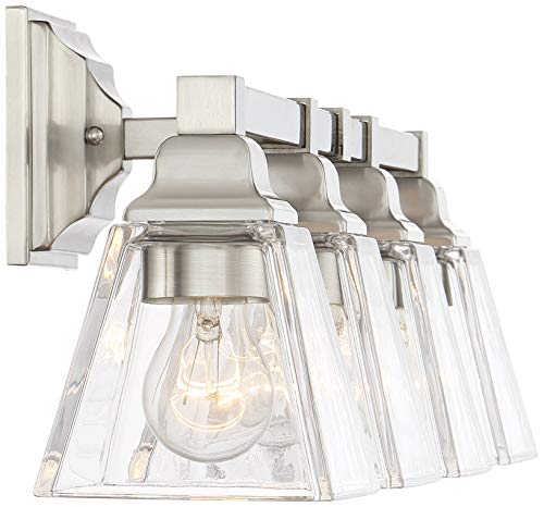 Regency Hill Mencino Mid Century Modern Wall Light Satin Nickel Silver Metal Hardwired 28" Wide 4-Light Fixture Clear Glass Cone Shade for Bathroom Vanity Mirror House Home Room Decor