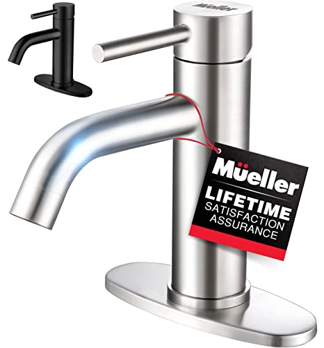 Mueller Premium Single-Hole Bathroom Sink Faucet, Single-Handle with Drain Assembly, Deck Plate for 1-Hole and 3-Holes Installations, Stainless Steel Brushed Nickel Finish, Supply Lines Preassembled