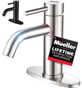 mueller premium single-hole bathroom sink faucet, single-handle with drain assembly, deck plate for 1-hole and 3-holes installations, stainless steel brushed nickel finish, supply lines preassembled