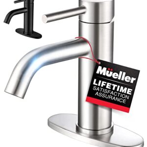 Mueller Premium Single-Hole Bathroom Sink Faucet, Single-Handle with Drain Assembly, Deck Plate for 1-Hole and 3-Holes Installations, Stainless Steel Brushed Nickel Finish, Supply Lines Preassembled