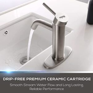 Mueller Premium Single-Hole Bathroom Sink Faucet, Single-Handle with Drain Assembly, Deck Plate for 1-Hole and 3-Holes Installations, Stainless Steel Brushed Nickel Finish, Supply Lines Preassembled