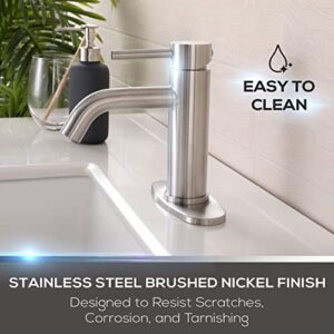 Mueller Premium Single-Hole Bathroom Sink Faucet, Single-Handle with Drain Assembly, Deck Plate for 1-Hole and 3-Holes Installations, Stainless Steel Brushed Nickel Finish, Supply Lines Preassembled