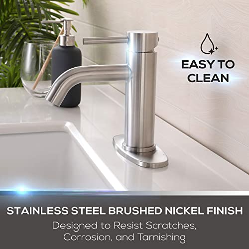 Mueller Premium Single-Hole Bathroom Sink Faucet, Single-Handle with Drain Assembly, Deck Plate for 1-Hole and 3-Holes Installations, Stainless Steel Brushed Nickel Finish, Supply Lines Preassembled