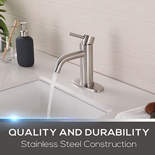 Mueller Premium Single-Hole Bathroom Sink Faucet, Single-Handle with Drain Assembly, Deck Plate for 1-Hole and 3-Holes Installations, Stainless Steel Brushed Nickel Finish, Supply Lines Preassembled