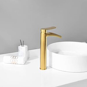 Brushed Gold Single Hole Bathroom Faucet, Waterfall Single Handle Modern Bathroom Faucet, Tall Vessel Bathroom Faucet with Pop Up Drain and Water Supply Line by Phiestina, NS-SF01-BG-V