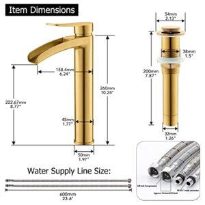 Brushed Gold Single Hole Bathroom Faucet, Waterfall Single Handle Modern Bathroom Faucet, Tall Vessel Bathroom Faucet with Pop Up Drain and Water Supply Line by Phiestina, NS-SF01-BG-V