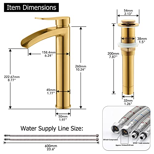 Brushed Gold Single Hole Bathroom Faucet, Waterfall Single Handle Modern Bathroom Faucet, Tall Vessel Bathroom Faucet with Pop Up Drain and Water Supply Line by Phiestina, NS-SF01-BG-V