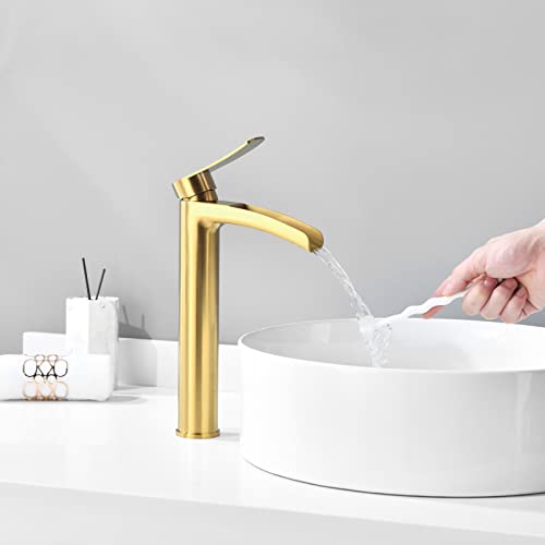 Brushed Gold Single Hole Bathroom Faucet, Waterfall Single Handle Modern Bathroom Faucet, Tall Vessel Bathroom Faucet with Pop Up Drain and Water Supply Line by Phiestina, NS-SF01-BG-V