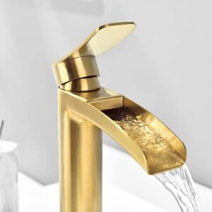 Brushed Gold Single Hole Bathroom Faucet, Waterfall Single Handle Modern Bathroom Faucet, Tall Vessel Bathroom Faucet with Pop Up Drain and Water Supply Line by Phiestina, NS-SF01-BG-V