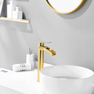 Brushed Gold Single Hole Bathroom Faucet, Waterfall Single Handle Modern Bathroom Faucet, Tall Vessel Bathroom Faucet with Pop Up Drain and Water Supply Line by Phiestina, NS-SF01-BG-V