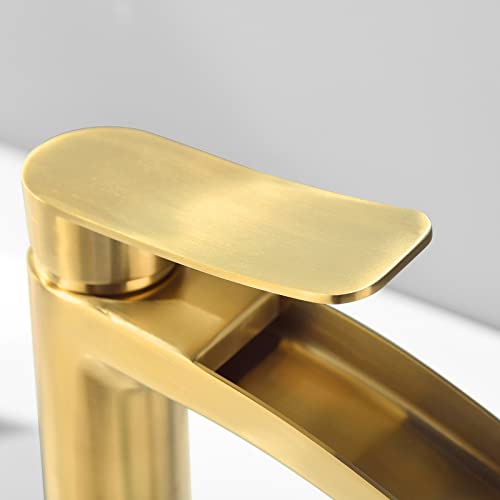 Brushed Gold Single Hole Bathroom Faucet, Waterfall Single Handle Modern Bathroom Faucet, Tall Vessel Bathroom Faucet with Pop Up Drain and Water Supply Line by Phiestina, NS-SF01-BG-V