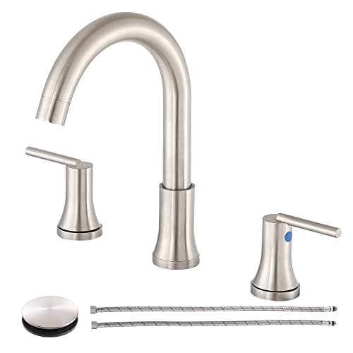 SHACO Brushed Nickel Bathroom Faucet, Bathroom Faucets for Sink 3 Hole, 8 Inch 360° Swivel Spout Widespread Vanity Faucet, 2 Handle Bathroom Sink Faucet with Supply Hoses & Overflow Drain