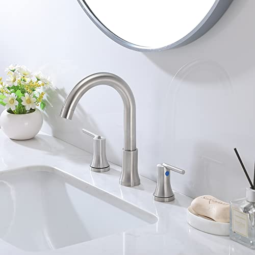 SHACO Brushed Nickel Bathroom Faucet, Bathroom Faucets for Sink 3 Hole, 8 Inch 360° Swivel Spout Widespread Vanity Faucet, 2 Handle Bathroom Sink Faucet with Supply Hoses & Overflow Drain