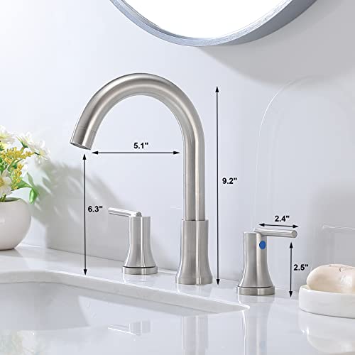 SHACO Brushed Nickel Bathroom Faucet, Bathroom Faucets for Sink 3 Hole, 8 Inch 360° Swivel Spout Widespread Vanity Faucet, 2 Handle Bathroom Sink Faucet with Supply Hoses & Overflow Drain