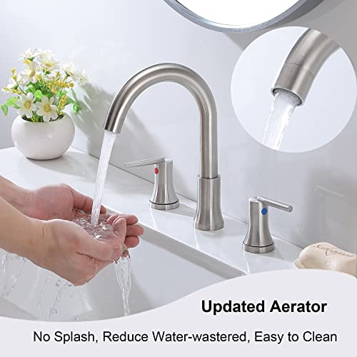 SHACO Brushed Nickel Bathroom Faucet, Bathroom Faucets for Sink 3 Hole, 8 Inch 360° Swivel Spout Widespread Vanity Faucet, 2 Handle Bathroom Sink Faucet with Supply Hoses & Overflow Drain