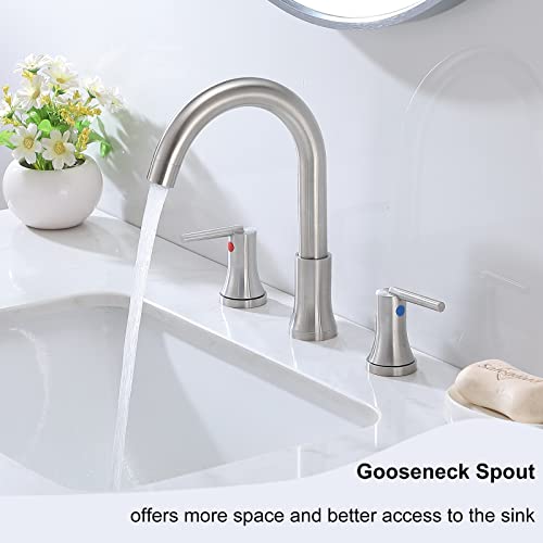 SHACO Brushed Nickel Bathroom Faucet, Bathroom Faucets for Sink 3 Hole, 8 Inch 360° Swivel Spout Widespread Vanity Faucet, 2 Handle Bathroom Sink Faucet with Supply Hoses & Overflow Drain