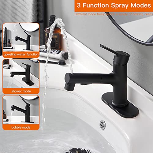 LAZ HOME Bathroom Sink Faucet with Pull Out Sprayer,Three Water Flow Modes Brass Single Handle Black Bathroom Basin Faucet for Hot and Cold Water Vanity Basin Faucet with Sprayer