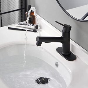 LAZ HOME Bathroom Sink Faucet with Pull Out Sprayer,Three Water Flow Modes Brass Single Handle Black Bathroom Basin Faucet for Hot and Cold Water Vanity Basin Faucet with Sprayer