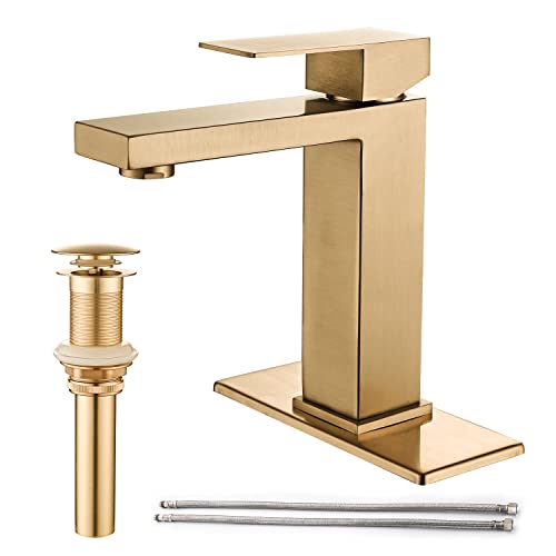 AVSIILE Brushed Gold Bathroom Faucet, Golden Single Hole Vanity Bath Faucet, Single Handle Modern Stainless Steel Bathroom Faucets for Sink 1 Hole with Pop Up Drain Stopper & Water Supply Hoses