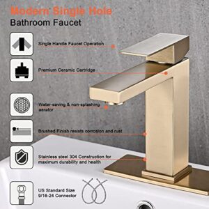 AVSIILE Brushed Gold Bathroom Faucet, Golden Single Hole Vanity Bath Faucet, Single Handle Modern Stainless Steel Bathroom Faucets for Sink 1 Hole with Pop Up Drain Stopper & Water Supply Hoses