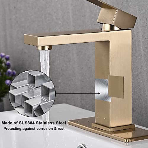 AVSIILE Brushed Gold Bathroom Faucet, Golden Single Hole Vanity Bath Faucet, Single Handle Modern Stainless Steel Bathroom Faucets for Sink 1 Hole with Pop Up Drain Stopper & Water Supply Hoses